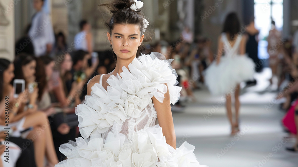 Beautiful model girl in the fashion week ramp wearing white dress Stock ...