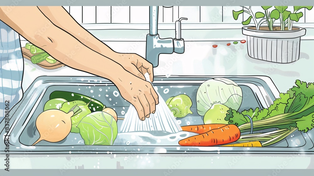 A detailed 2D outline of a safe food handling process, illustrating ...