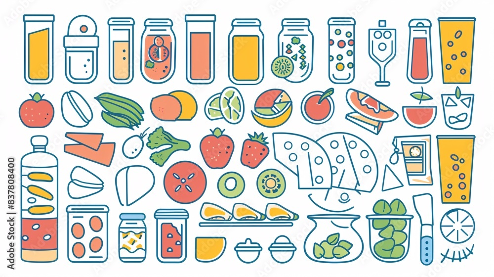 A detailed 2D outline illustration of a clean eating guide, showing ...