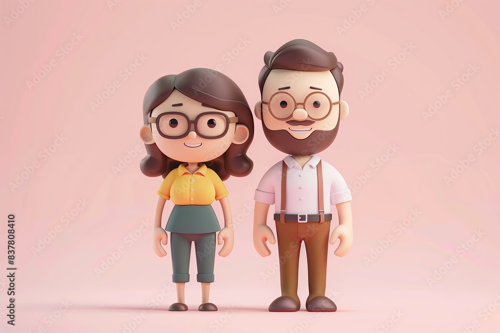 3D cartoon illustration of a cute couple of parents with glasses and ...