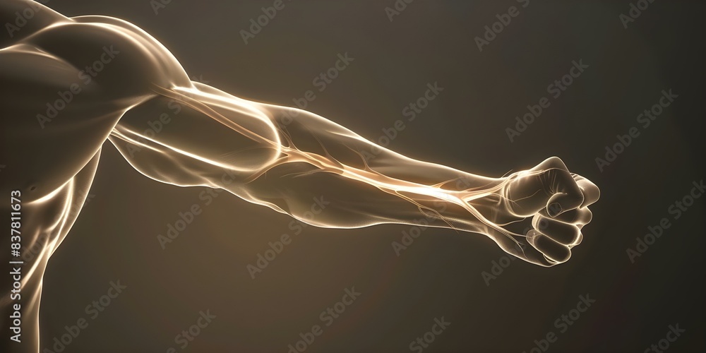 Digital art of a muscular flexed arm with bulging veins against a dark ...