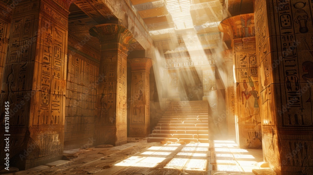 Egyptian Temple. Passage with stairs and walls with Egyptian ...