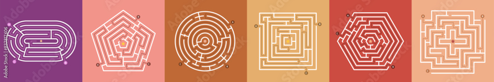 Maze set. Labyrinth games, path puzzles with entrance, exit. Map ...