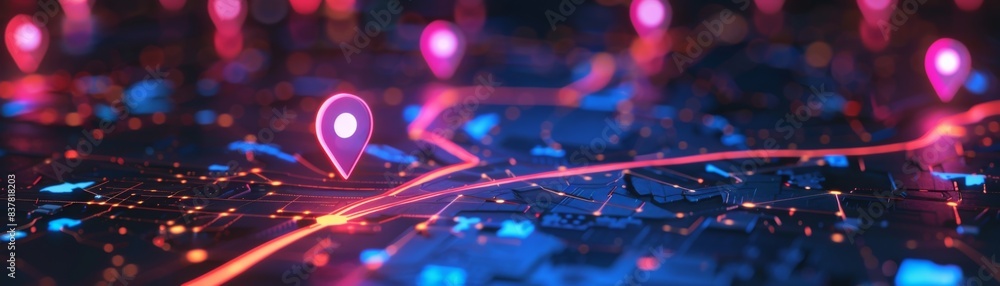 Glowing digital map with location markers highlighting routes and ...
