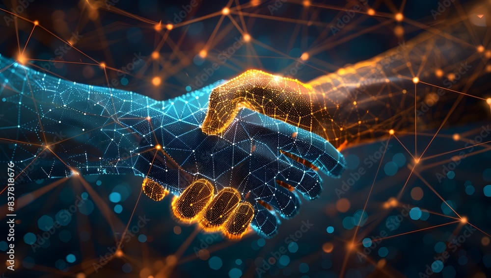 Handshake in a digital style with network connections, symbolizing ...