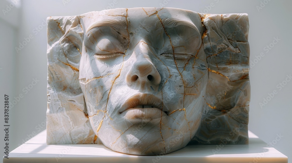 Marble sculpture of a human face with closed eyes and serene expression ...