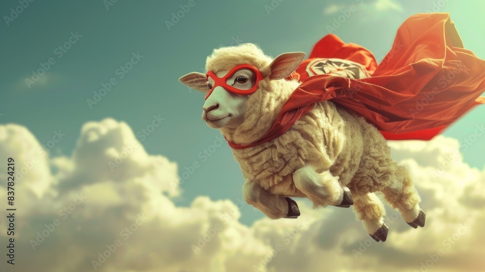Humorous eid al-adha concept with superhero sheep flying to save the ...