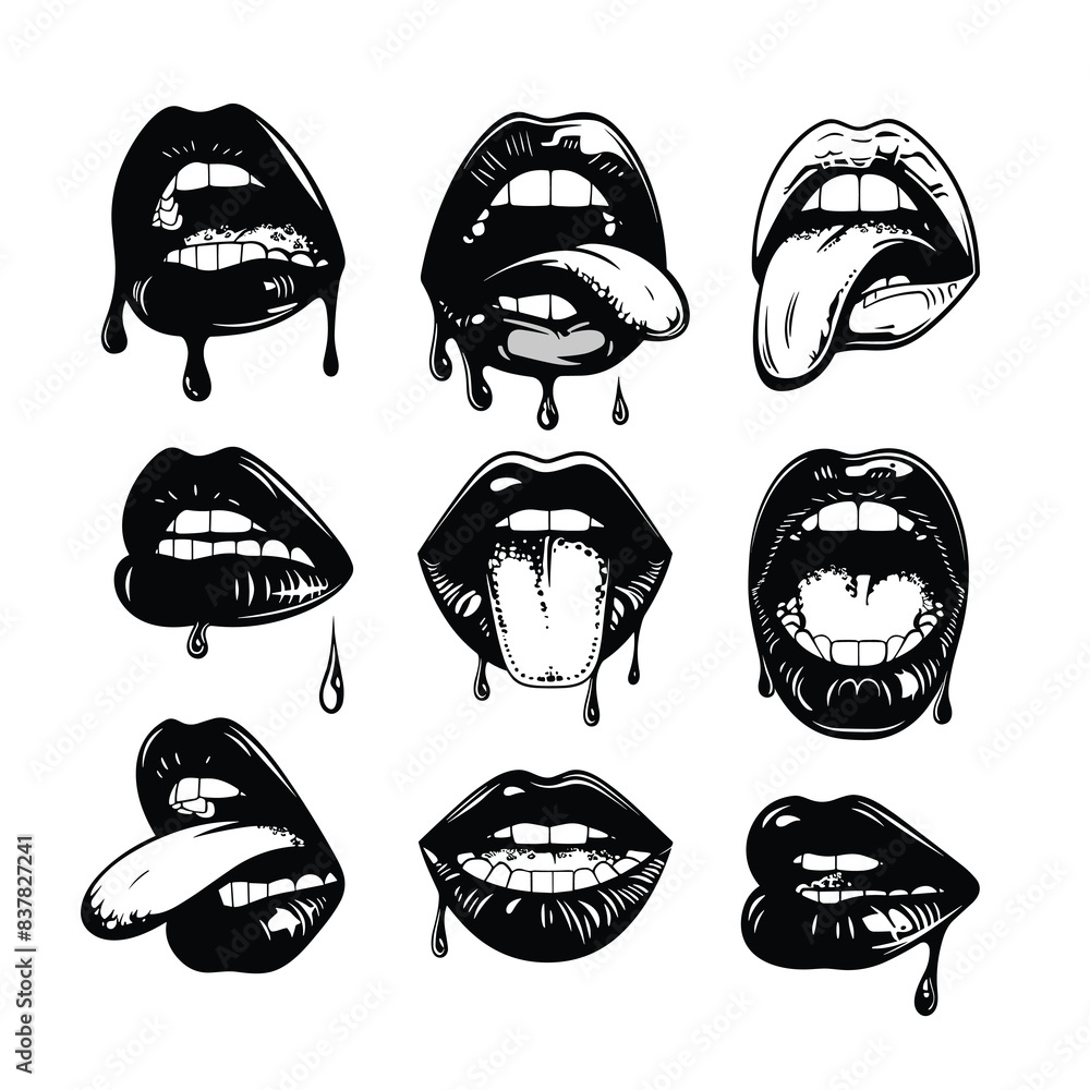 Black white collection diverse mouth expressions dripping liquid. Set ...