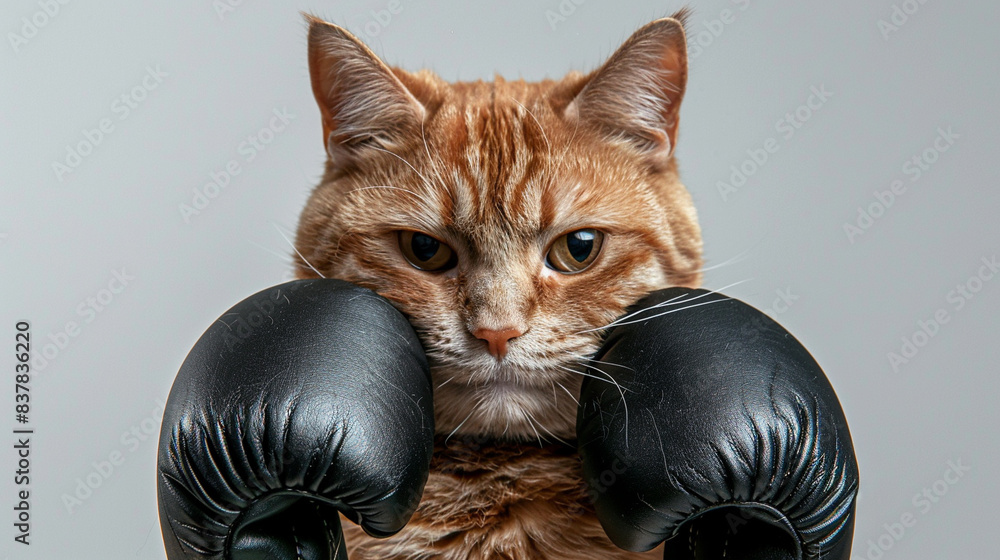 Cute Orange tabby cat with angry face wearing big black boxing gloves ...