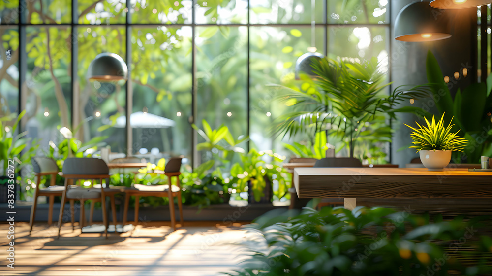 Cafe interior with indoor plants Modern design and nature fusion in a ...