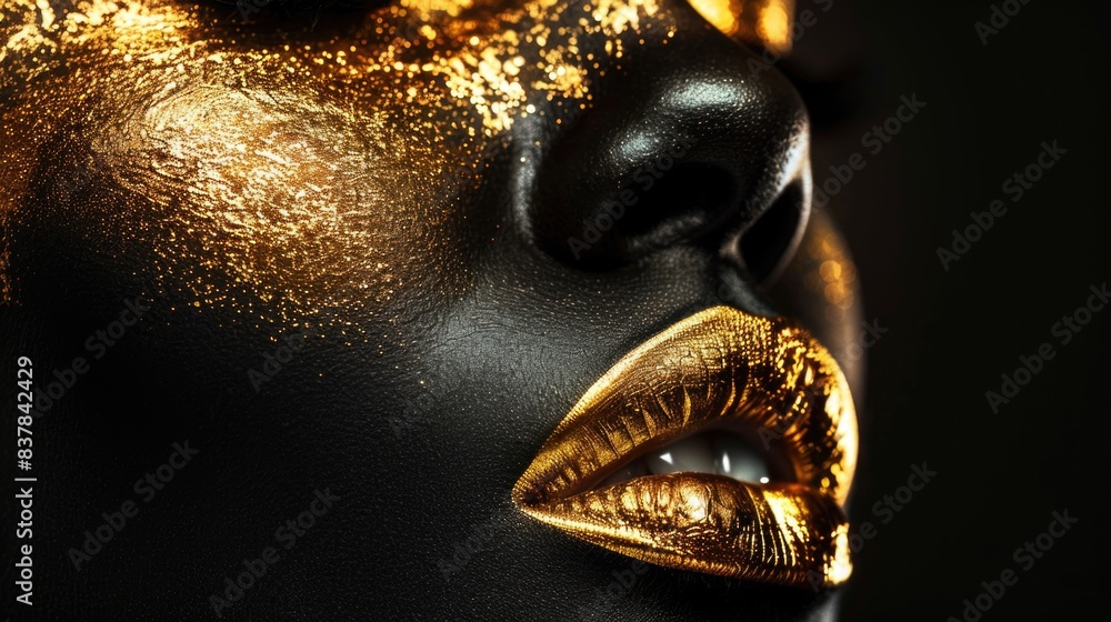 Fashion art. Beauty woman painted in black gold skin color body, gold ...