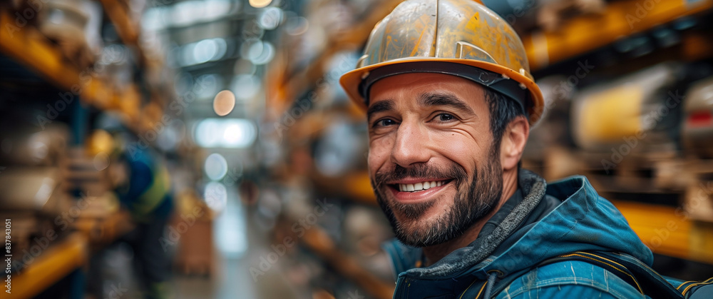 Smiling construction workers wearing hard hats in a busy industrial ...