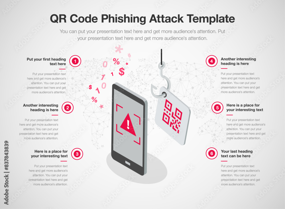 Simple infographic template for qr code phishing attack. 6 stages ...