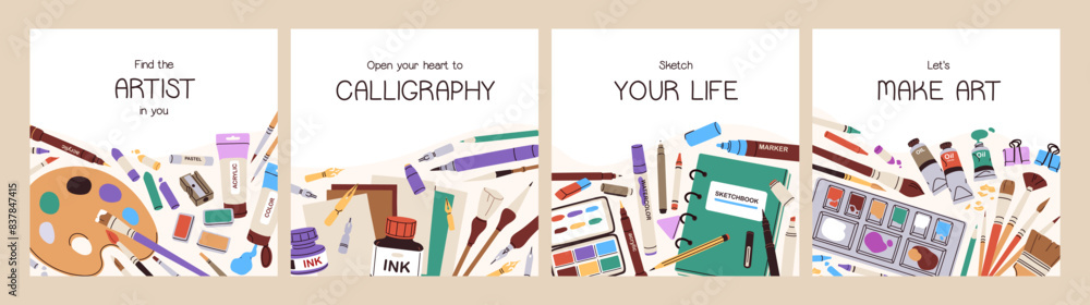 Art and craft, card designs set. Artists motivation quotes on square ...