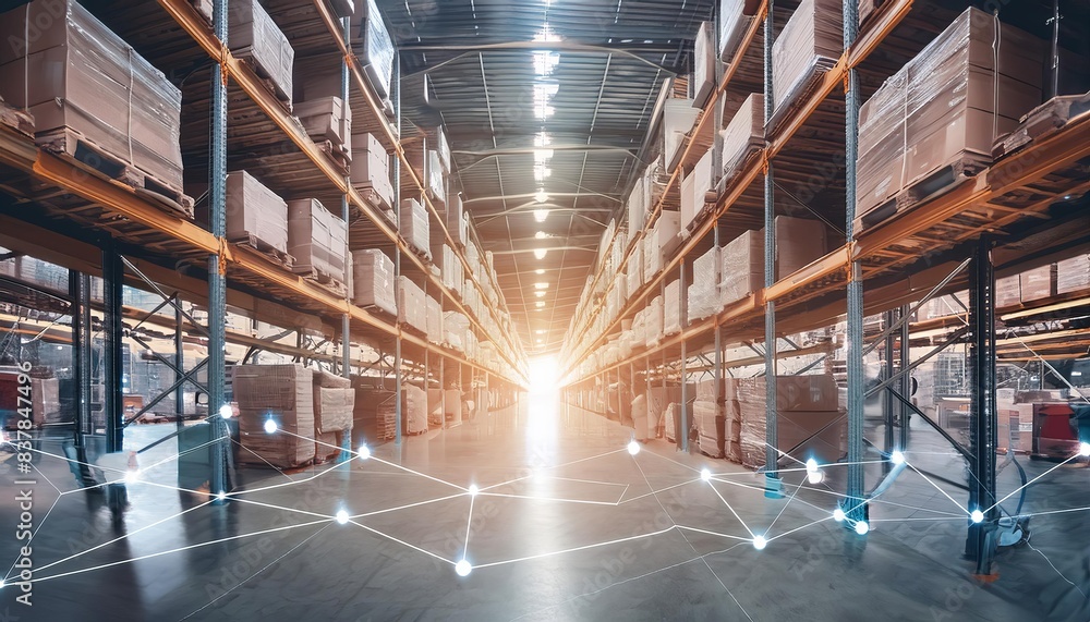 A modern warehouse interior illuminated by sunlight, showcasing rows of ...