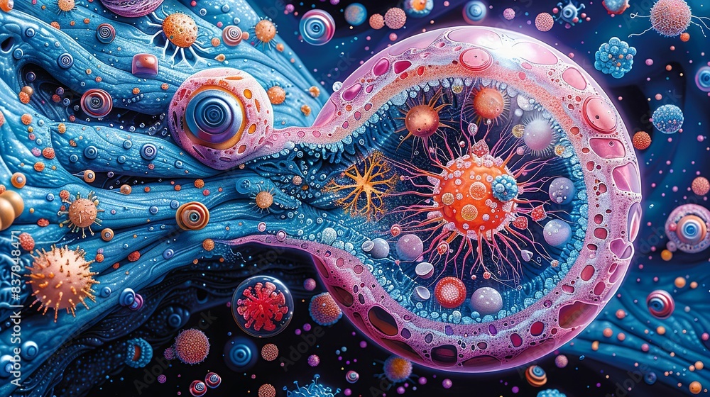 A detailed abstract illustration of a cell with various organelles ...