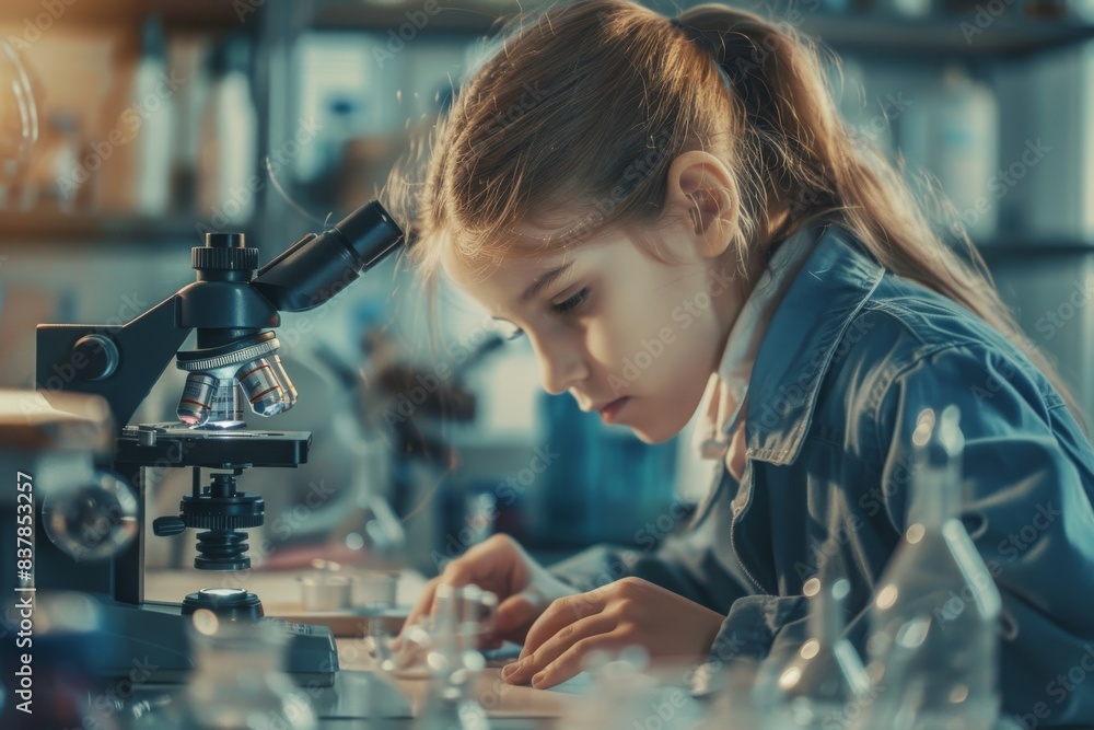 Little cute girl in microscope laboratory experiment scientists at ...