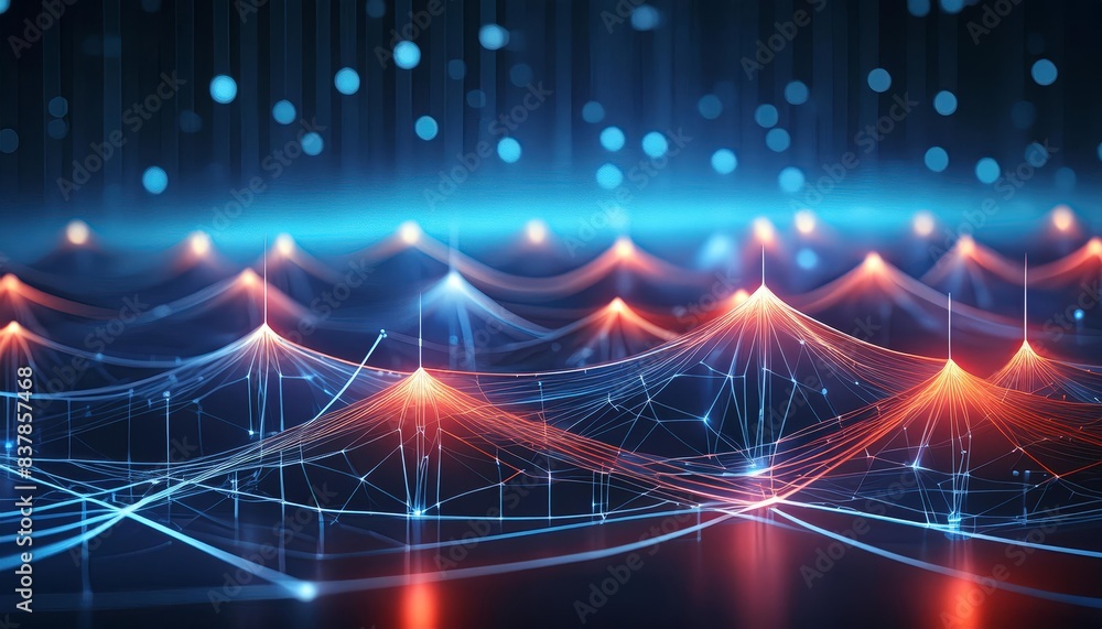 A futuristic network visual with flowing red and blue data streams intersecting over a dark ...