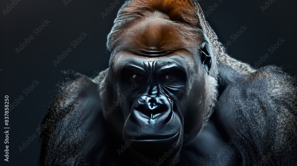 Portrait of a strong male black gorilla face isolated on black ...