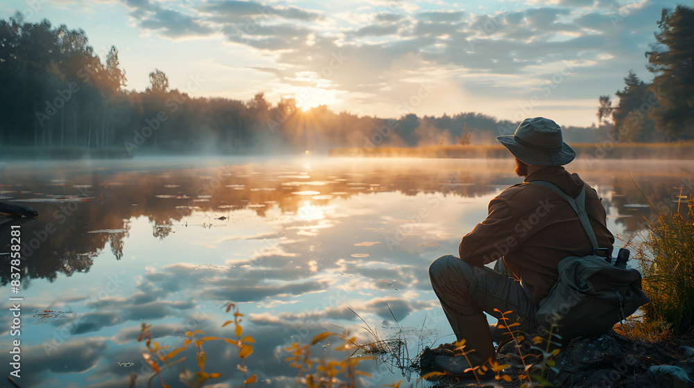 A fisherman s profile artfully blended with a serene lake, capturing ...