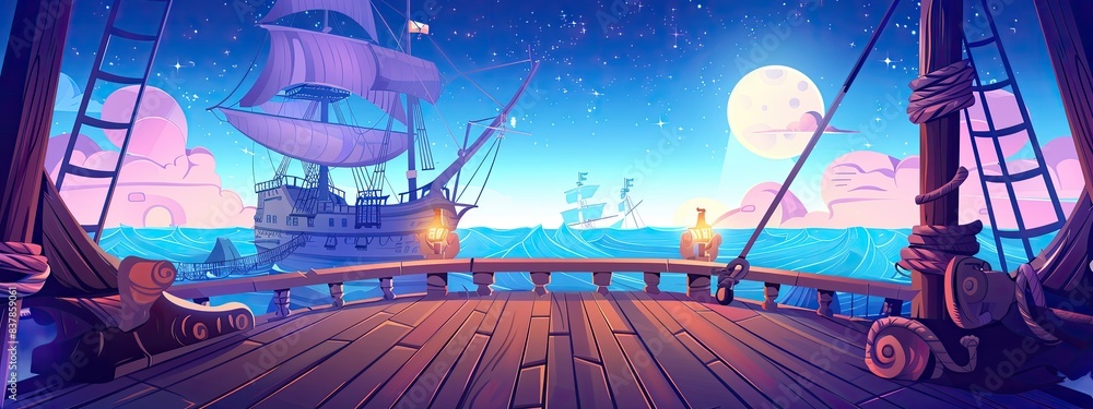 Cartoon illustration of deck of a pirate ship. Onboard view. Stock ...