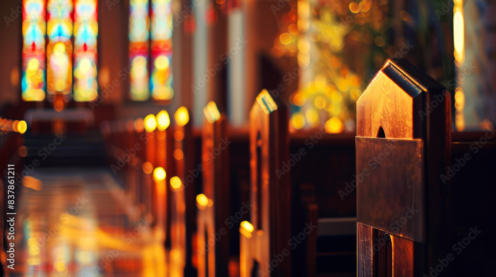 Sunlit interior of a church with wooden pews and colorful stained glass ...