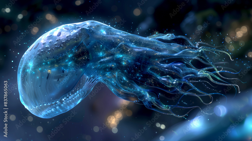 Poster an octopuslike alien organism with bioluminescent features and ...