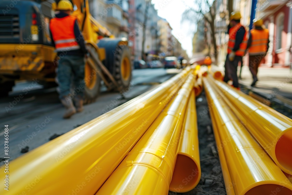 Construction work for replacement of engineering pipes. Workers ...