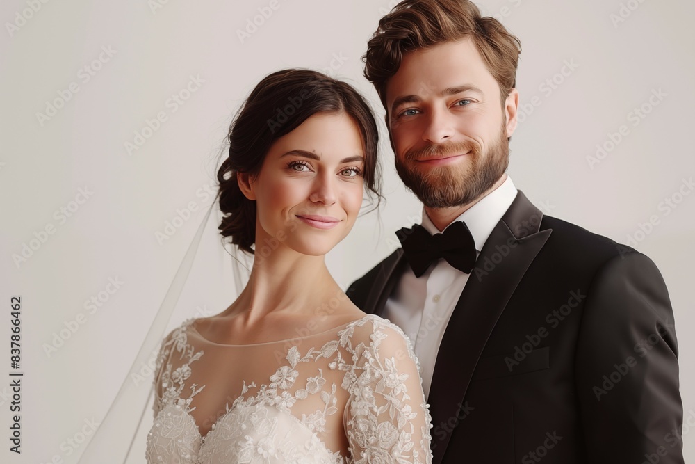 Smiling bride and groom in wedding outfits stand side by side on a ...