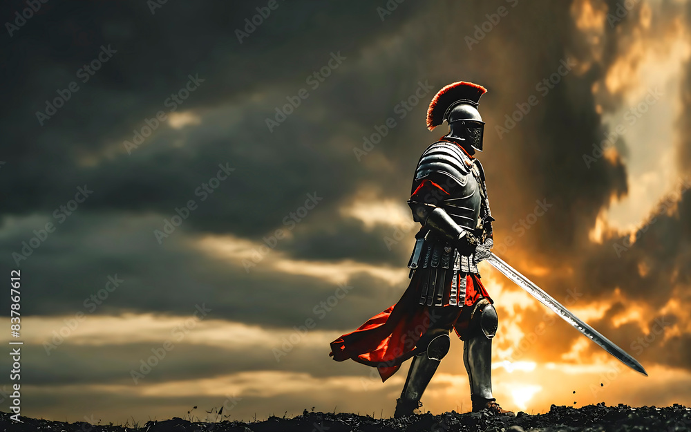 Knight in shining armor, raising a sword. Legionary soldier over sky ...