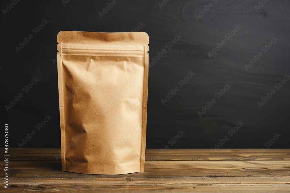 Mock up of one brown paper zip bag on wood desk, dark black wall ...