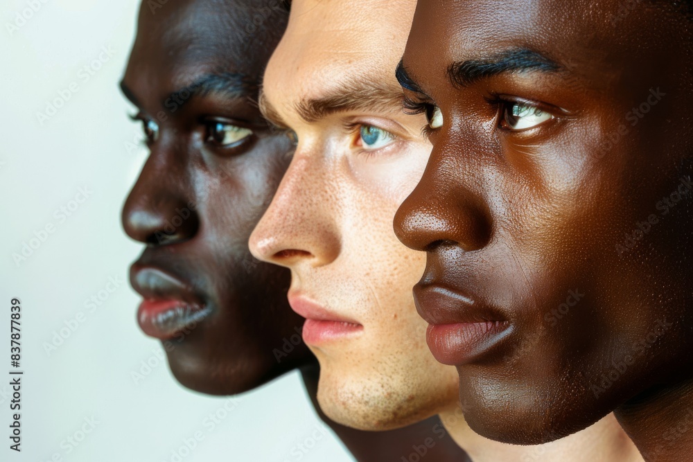 Portrait of three handsome men with unique skin tones on white ...