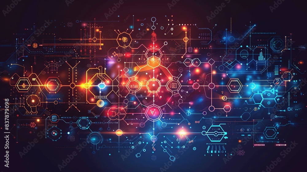 An intricate design with overlapping geometric shapes in a gradient of ...