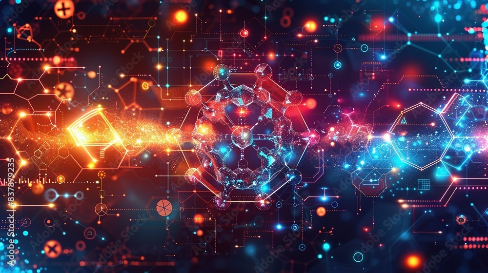 An intricate design with overlapping geometric shapes in a gradient of ...