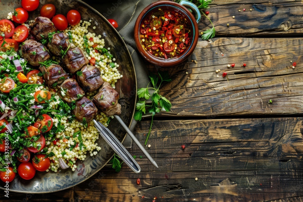 Middle eastern Turkish dinner with meat kebab and couscous salad ...