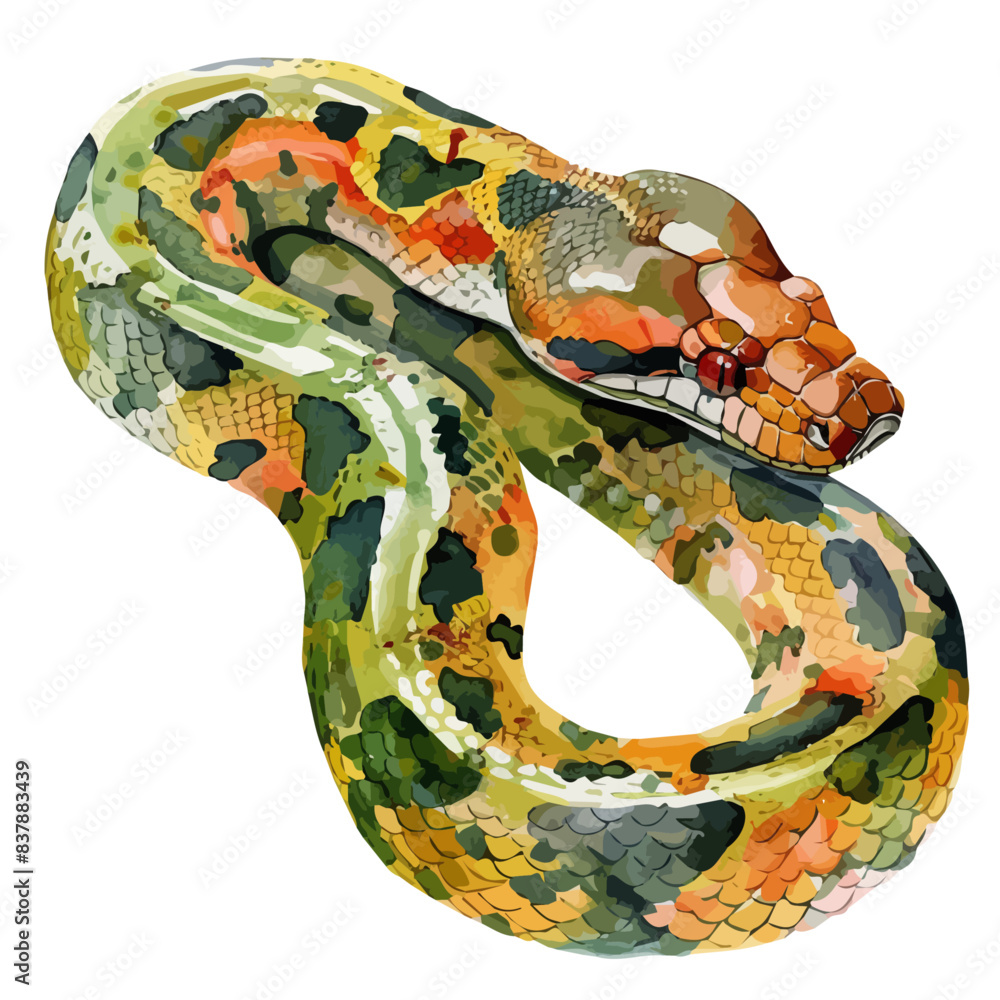 Watercolor drawing vector of a Snake Anaconda, isolated on a white ...