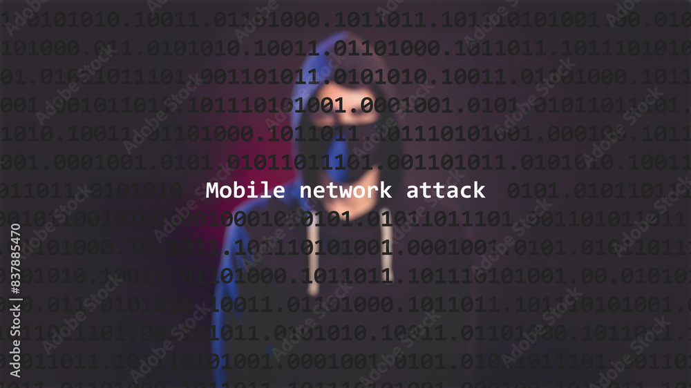 Cyber attack mobile network attack text in foreground screen, anonymous hacker hidden with ...