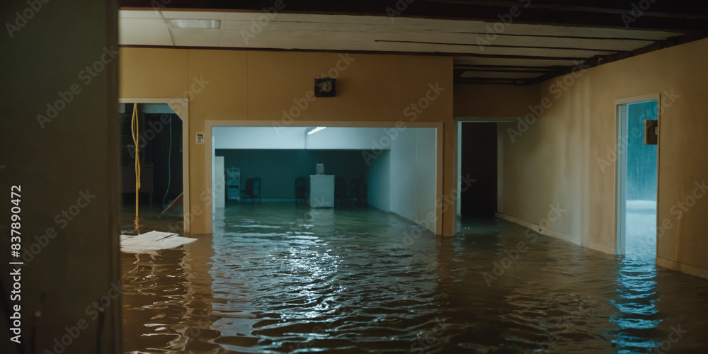 flooded room, flooded basement room interior, water is high in the ...