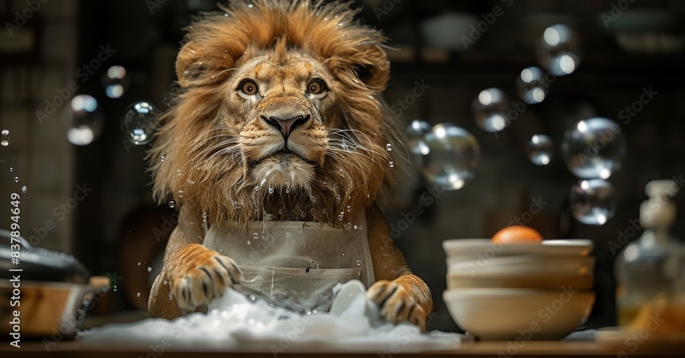 A lion wearing an apron and washing dishes in a modern kitchen, with ...