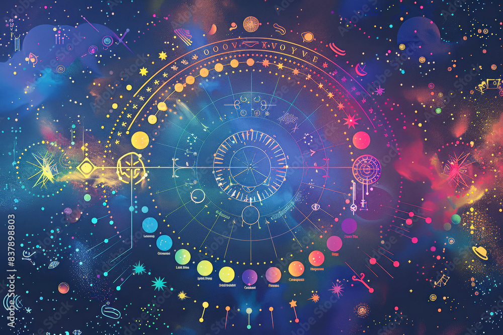 Colorful astrological chart with various cosmic elements and symbols ...