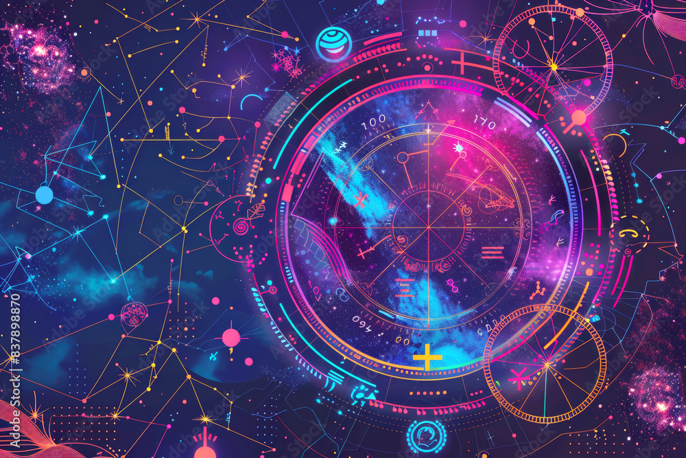 Colorful astrological chart with various cosmic elements and symbols ...