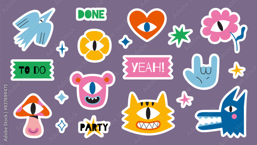 Set of trendy stickers for planner with white outline, cutting line ...