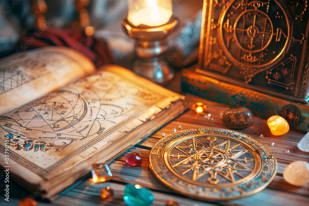 Astrological charts and tools with a candlelit background. Stock Photo ...