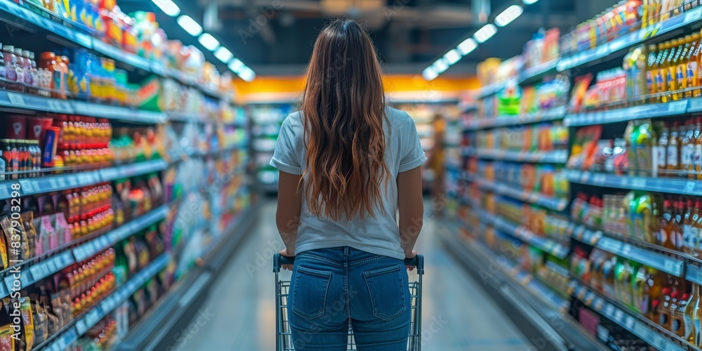 Woman with long hair pushing a shopping cart down a grocery store aisle ...
