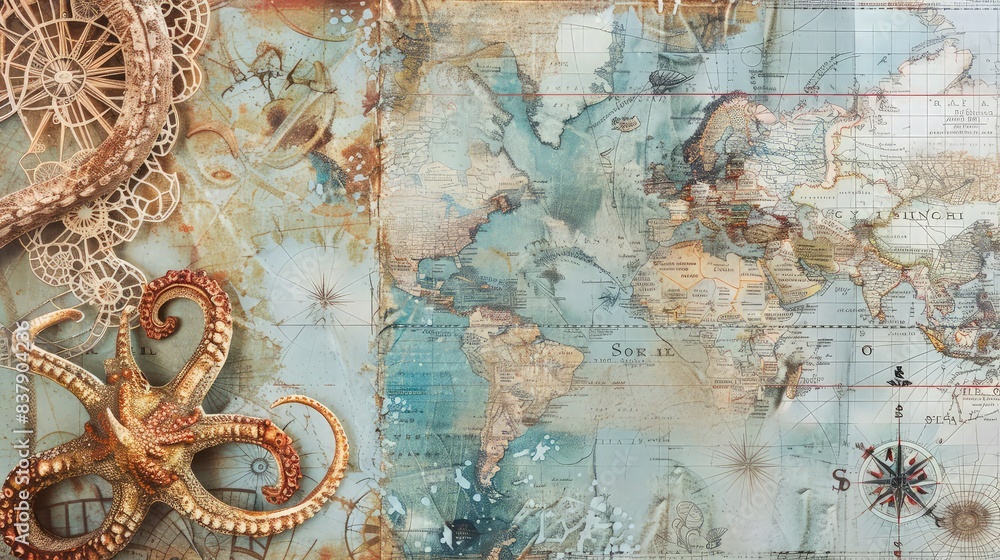 Nautical charts and maps of old oceans and seas, layered over scrapbook paper. The charts are ...