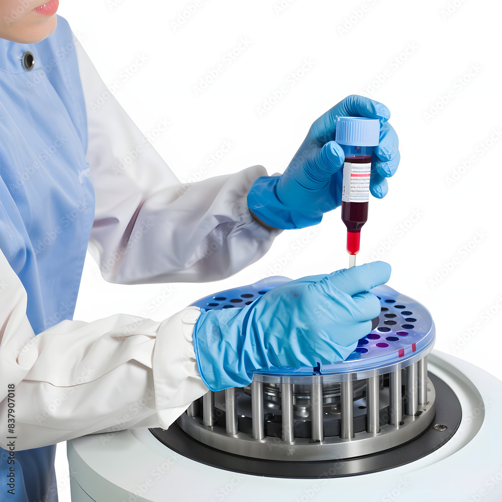 nurse inserting vacutainer with blood sample into centrifuge isolated ...
