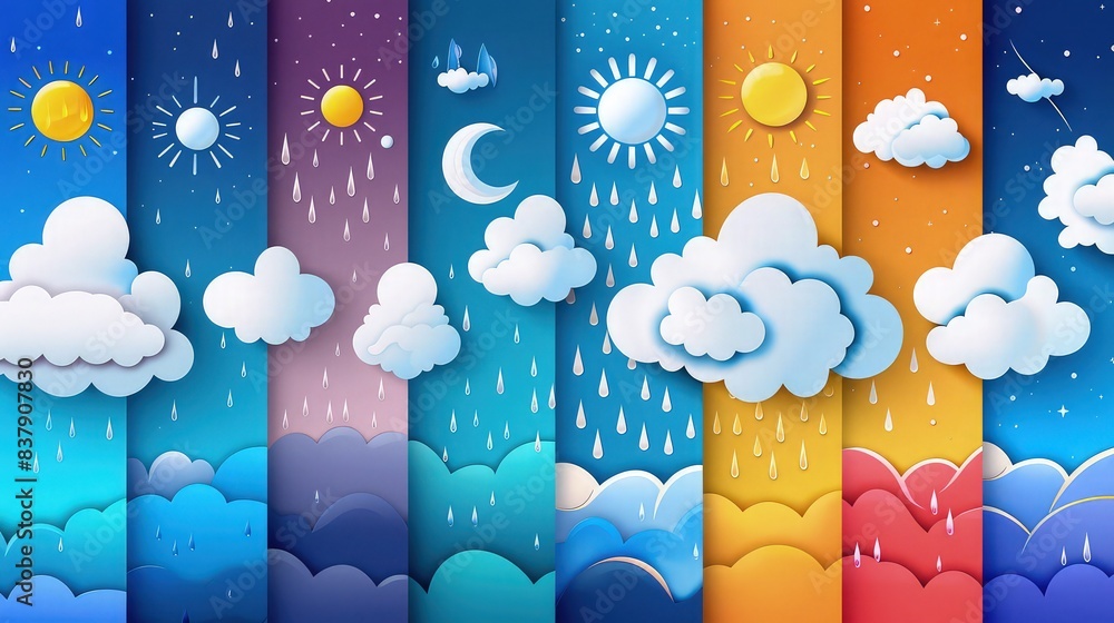 Vertical poster set with fluffy clouds in paper cut style, showing ...
