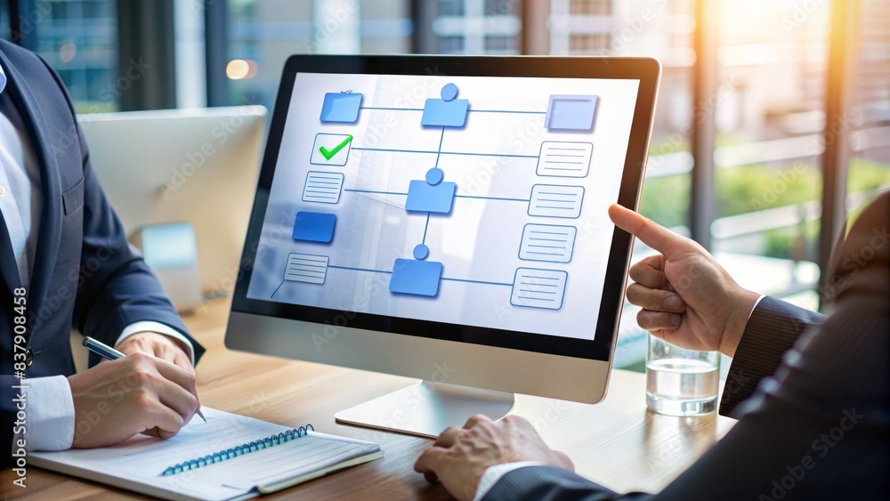 Virtual screen displays business process workflow with approve document ...