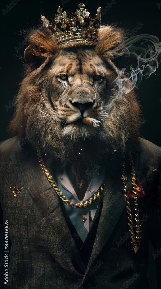 Lion wearing a crown in a suit smoking a cigar on a black background ...