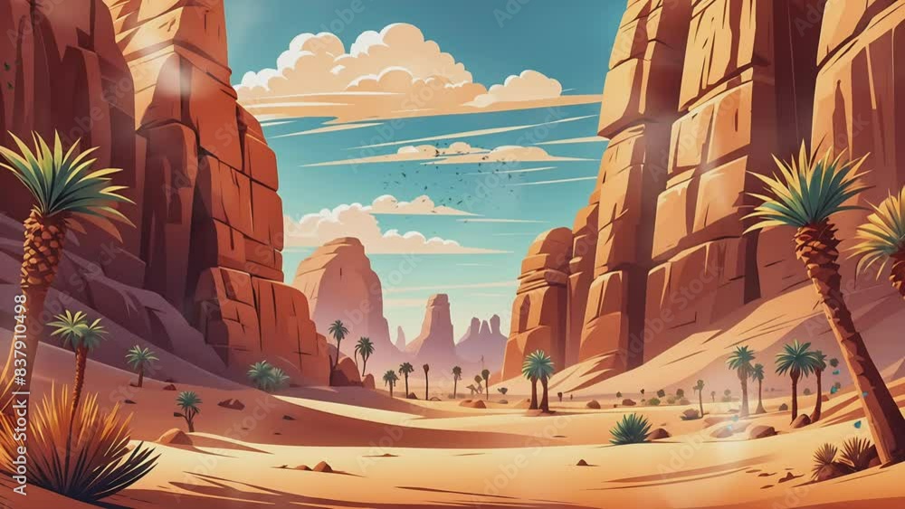 illustration of desert views, rocks, valleys and date palm trees ...